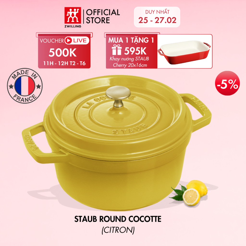 Nồi gang tráng men STAUB LA COCOTTE màu Citron - nhiều size (2.5L - 3 ...
