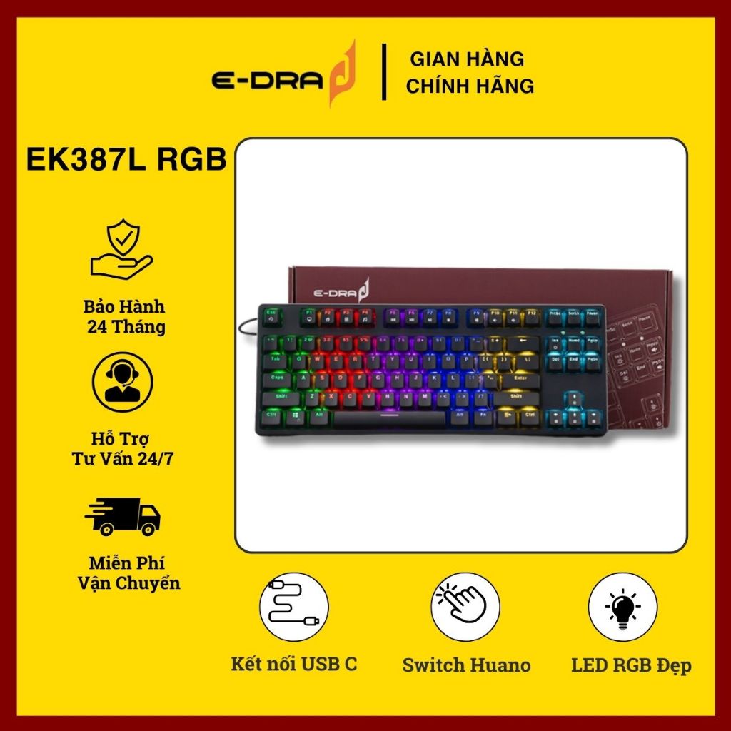 Bàn Phím Cơ E-DRA EK387L - RGB, Gaming, Làm Việc Thiết Kế Nhỏ Gọn Kết Nối USB Type-C LED ...