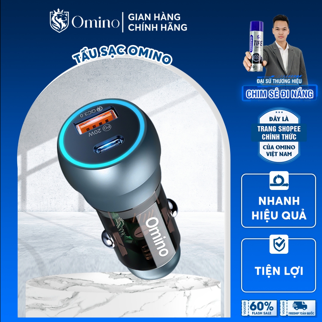 Tẩu Sạc Siêu Nhanh ô tô 38W OMINO cổng kép USB-A & Type C, QC 3.0, cốc sạc nhanh xe hơi 12-24V ...