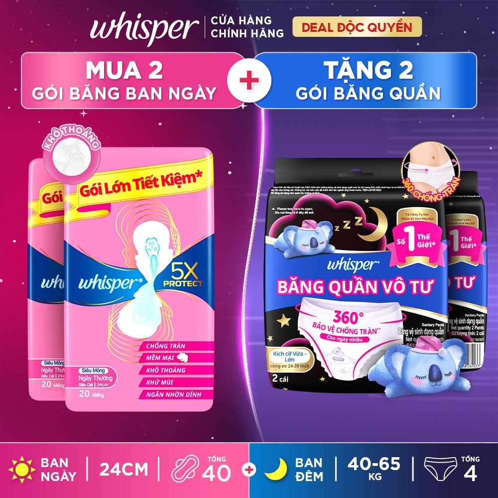 [Mới Ra Mắt] Mua 2 Gói Băng Vệ Sinh WHISPER 5X 20 Miếng 24cm Ban Ngày ...