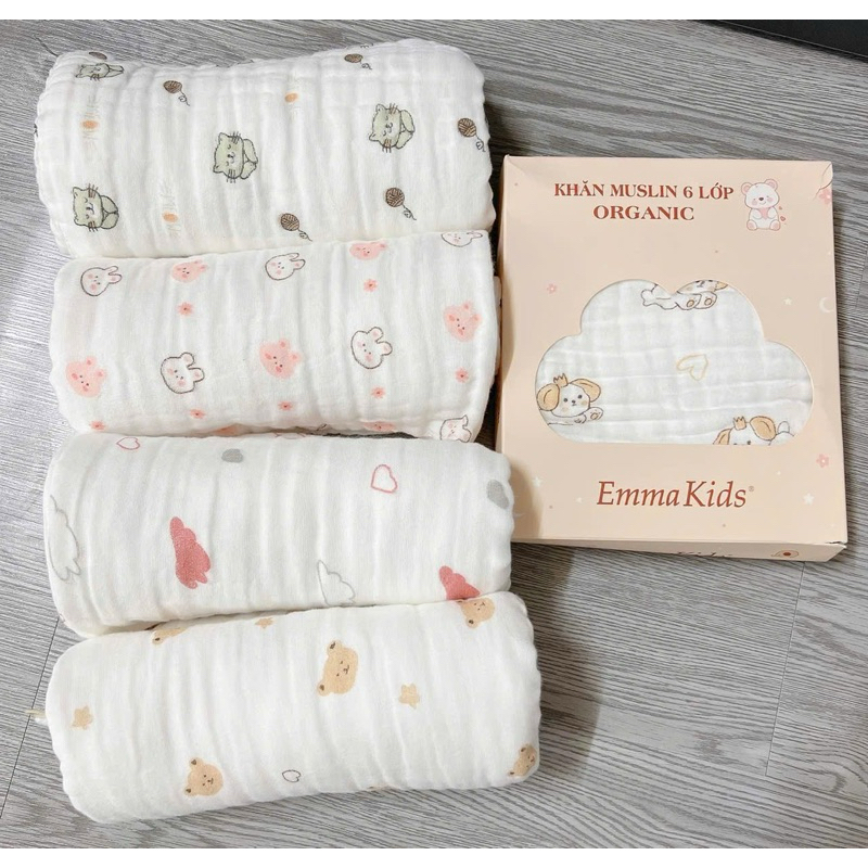 Khăn tắm cho bé vải xô muslin 6 lớp Organic EMMAKIDS siêu mềm thấm hút tốt (Tặng khăn sữa ...
