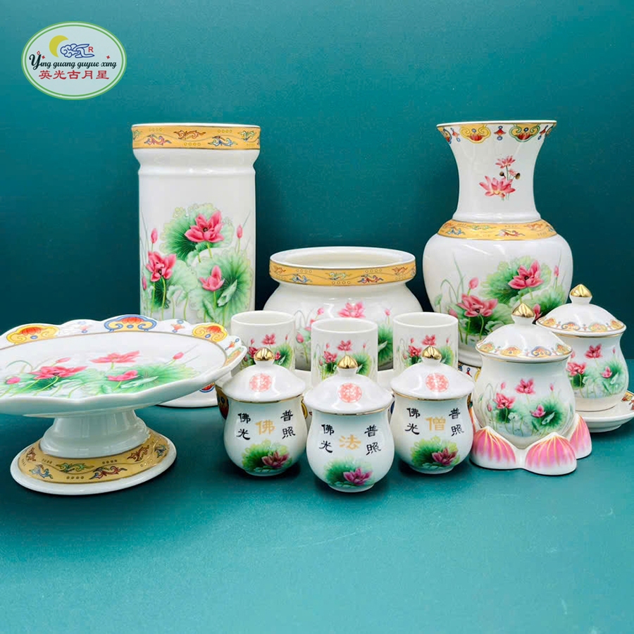Bộ Thờ Cúng Sen Xanh (Áng Chung Ly, Bi Phật, Bình Hoa, Đĩa, Lư Hương ...