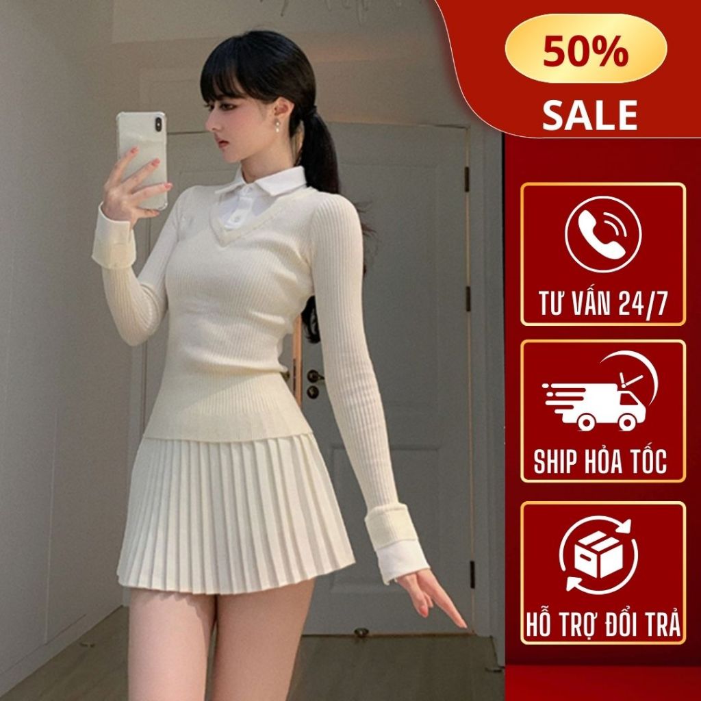 Set Váy Len Xếp Ly Hàn Quốc MELI Đầm Len Dài Tay Cổ Bẻ Sang Trọng - Váy Body Ôm Tôn Dáng Nữ trẻ ...