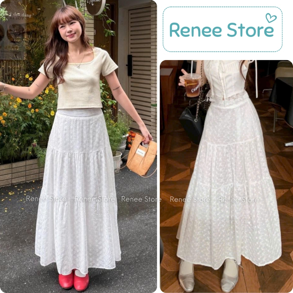(ẢNH THẬT) Chân váy midi trắng thêu hoa khoá kéo giọt lệ lưng chun ...