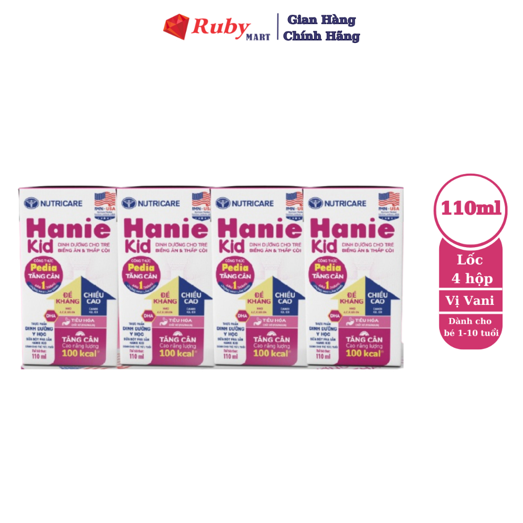Lốc 4 hộp sữa bột pha sẵn Nutricare Hanie Kid cho trẻ biếng ăn suy dinh ...