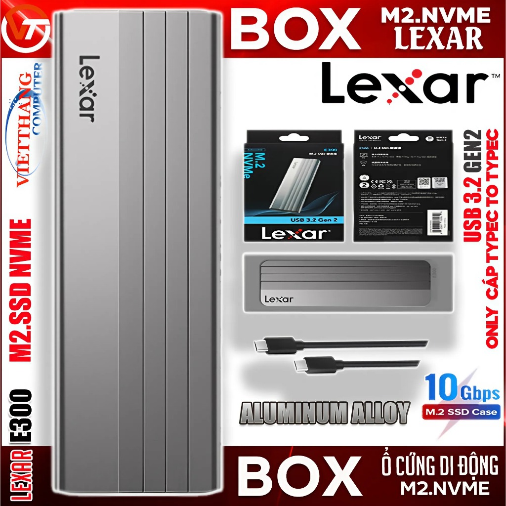 Box SSD Lexar E300 Hỗ trợ SSD M2.NVMe Chuẩn USB 3.2 Gen2 10Gbps - Nhôm nguyên khối Aluminum rất ...