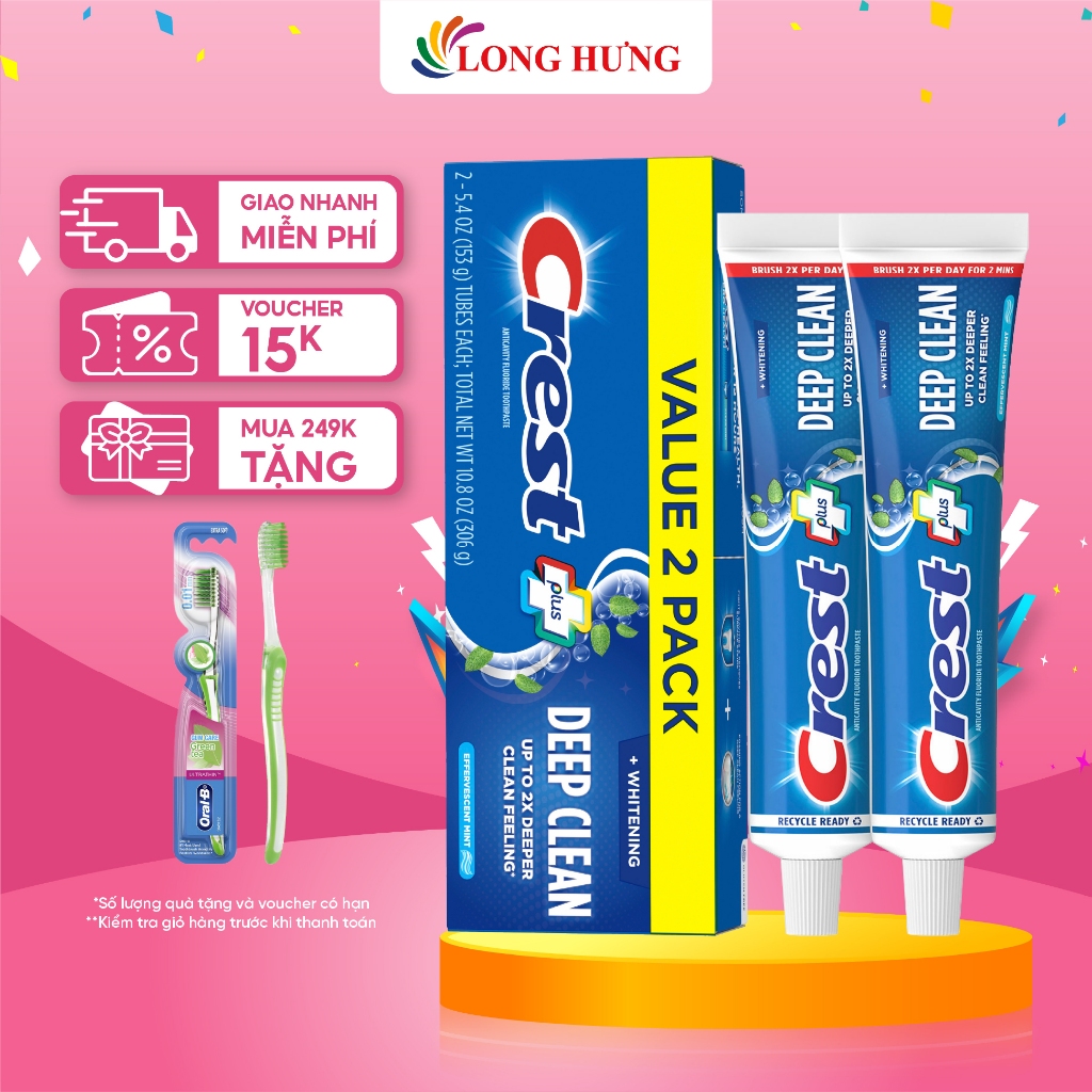 Combo kem đánh răng Crest Plus Deep Clean Effervescent Mint (153gx2 ...