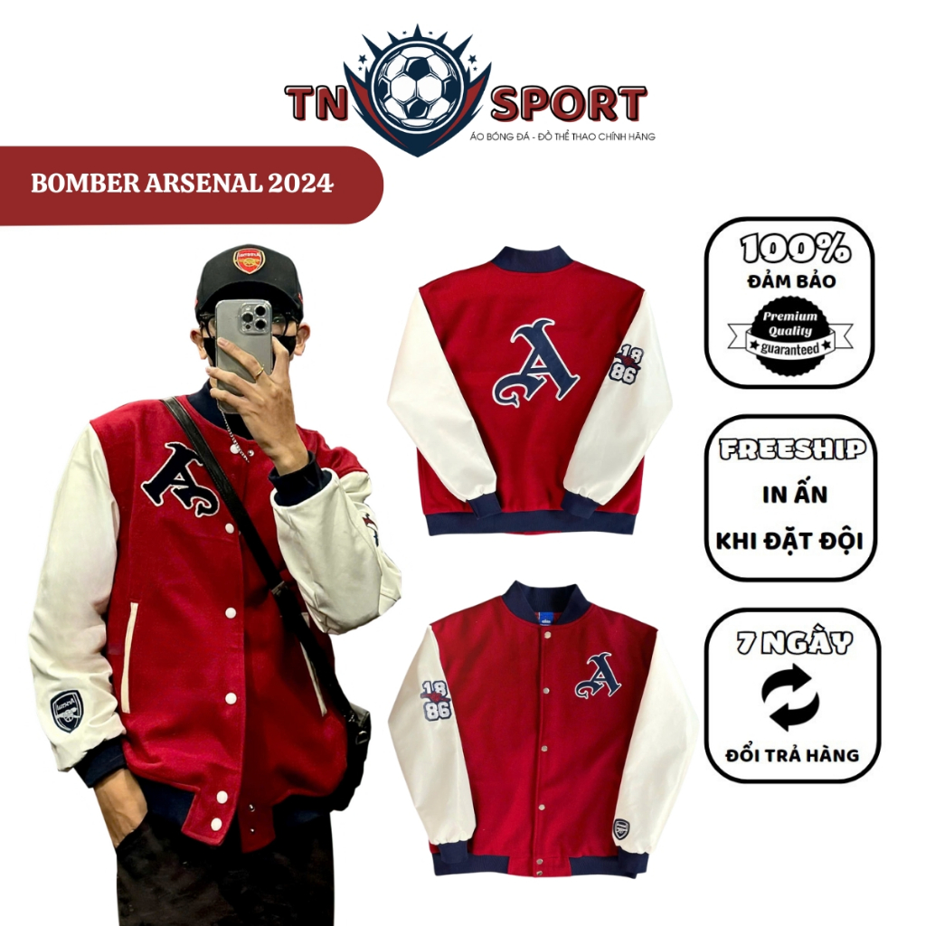 Áo Khoác Bomber ARSENAL 24/25 phối tay da chần bông dày dặn form Âu bản ...