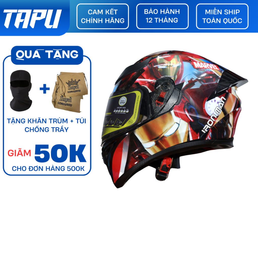 Mũ bảo hiểm fullface ROYAL M138B nón full face 1 kính dán tem IRON MAN ...