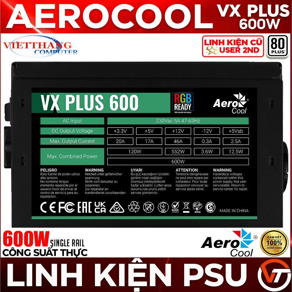 Nguồn máy tính Công suất thực AeroCool VX Plus 600 600W LikeNew đẹp như mới ( Cũ - 2nd ...