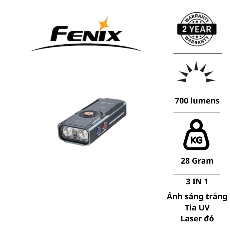 Đèn pin móc khóa FENIX E06R 700 lumen có tích hợp UV và laser đỏ, tích hợp led RGB đuôi nam châm ...
