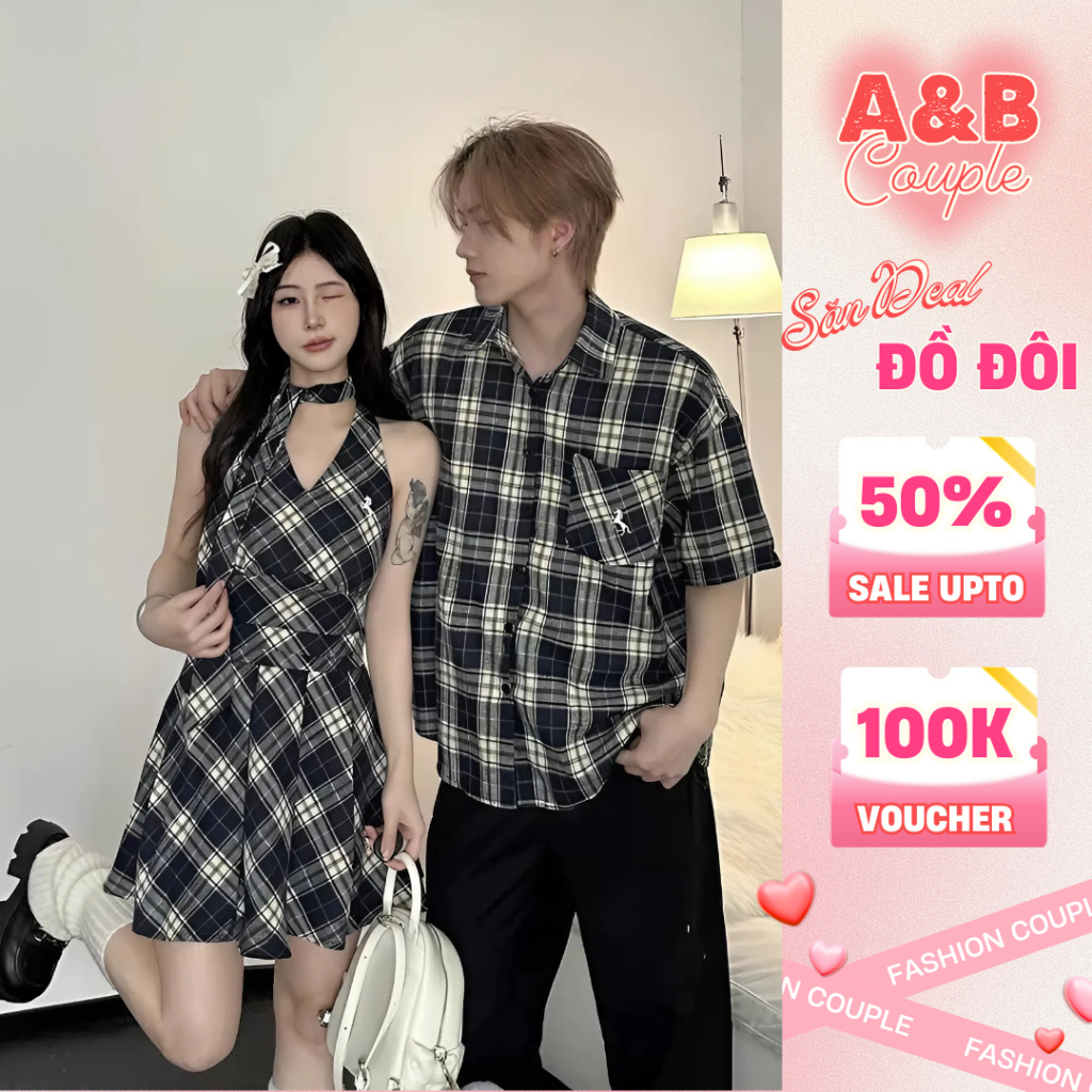 Couple Set Đôi Áo Sơmi Nam Có Túi Và Váy Nữ Hở Vai Kẻ Caro Phong Cách ...