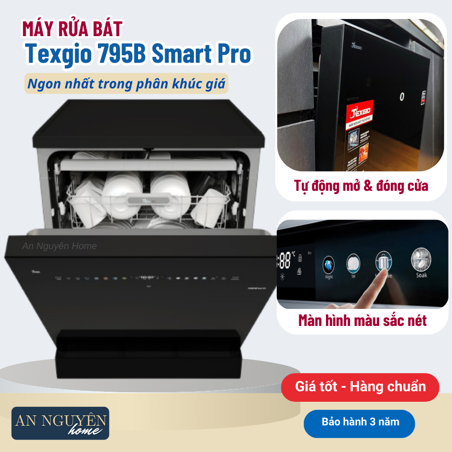 Texgio 795B Smart Pro - Máy rửa chén bát 16 bộ, Sấy khí nóng, Màn hình màu siêu đẹp, Cửa điện ...
