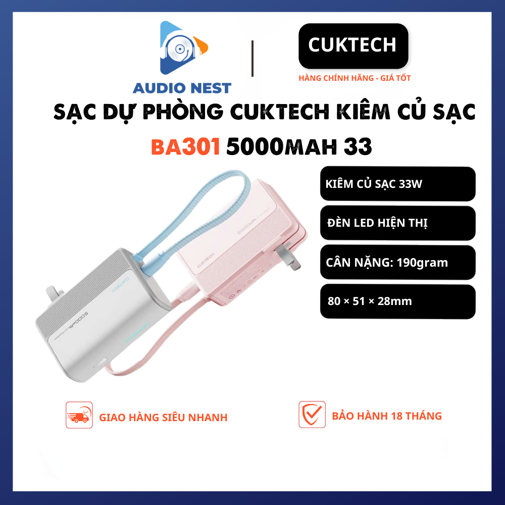 Pin Dự Phòng Cuktech Kiêm Củ Sạc 33W 5000mAh tích hợp cáp type-C (BA301) - Bảo Hành 18 Tháng ...