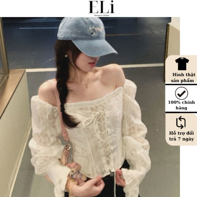 Áo trễ vai ELI Quảng L1 thô thêu tay dài phồng lưng chun dáng lửng ...