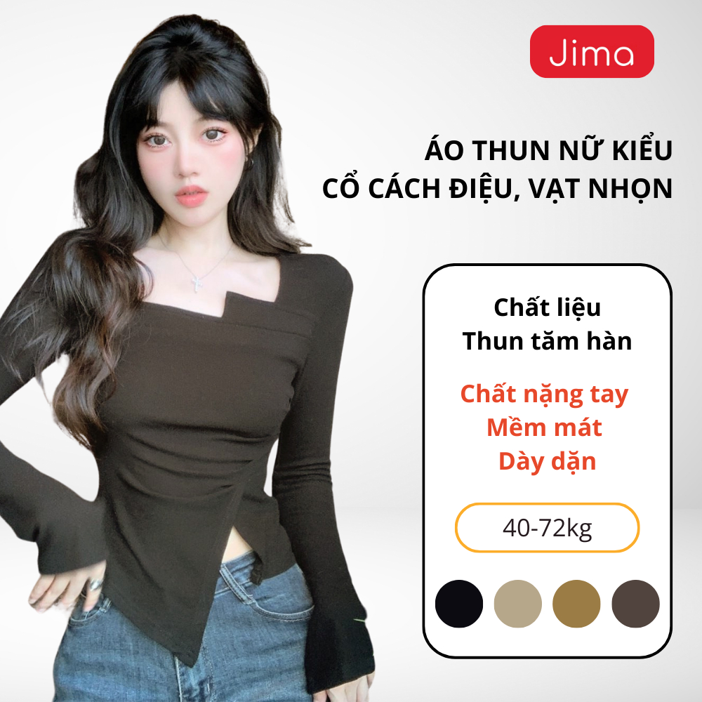 Áo thun t-shirt nữ JIMA trơn basic, cổ cách điệu dáng nhún eo, vạt chéo ...