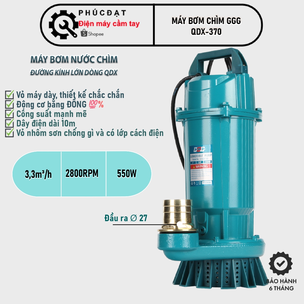 MÁY BƠM NƯỚC CHÌM, BƠM TÕM CHÍNH HÃNG GGG MÃ QDX-370, 550W BƠM 3,3m³/h - BẢO HÀNH 6 THÁNG [ SIÊU ...