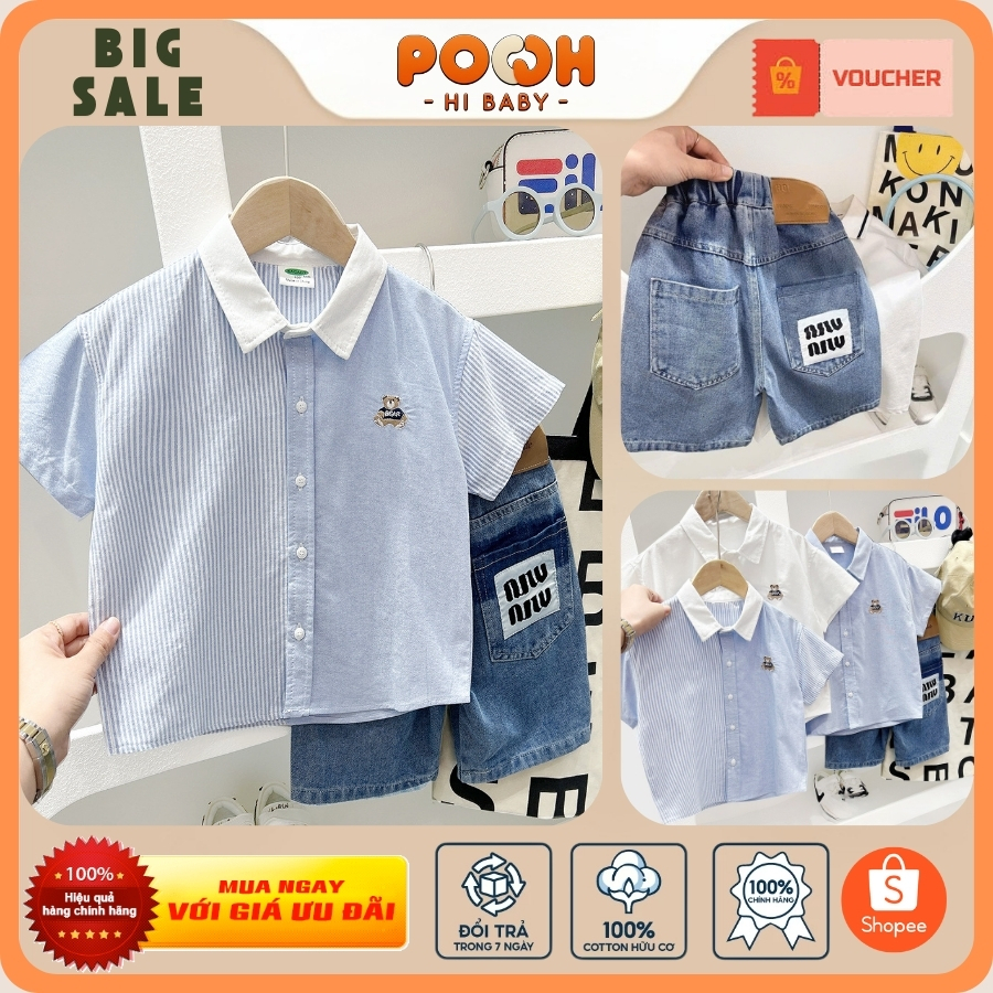 (8-27kg) Set Áo Sơ Mi Thô Đũi Thêu Gấu + Quần Short Jean In Túi Ốp Mông | Mềm Mại, Thoáng Mát ...