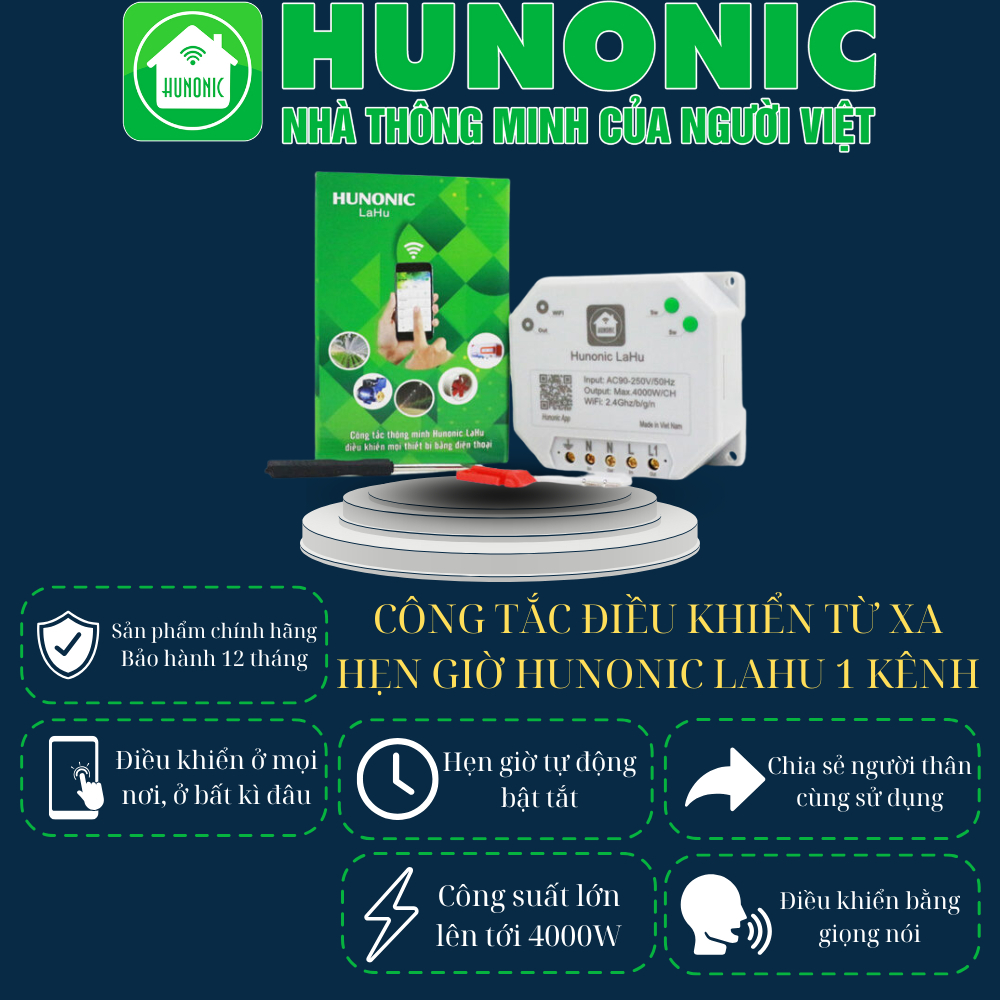 Công Tắc Thông Minh Hunonic Lahu 1 Kênh CSL 4000W WiFi, Hẹn Giờ Điều ...