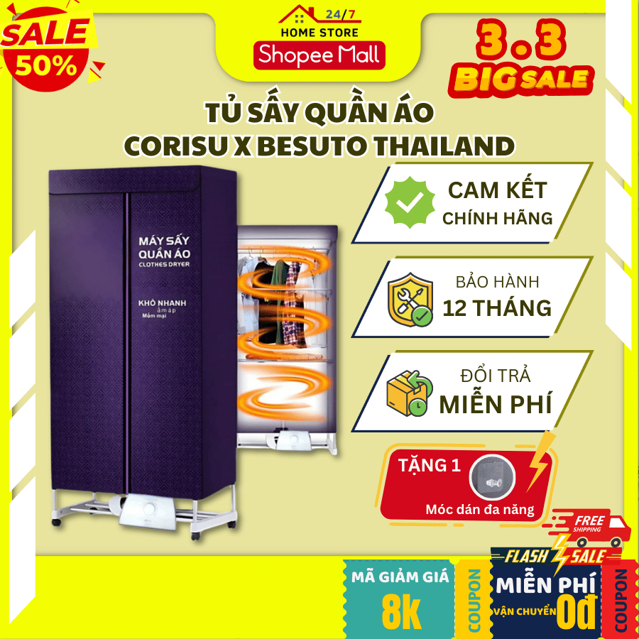 Tủ Sấy Quần Áo Homely vs Besuto Thailand x Corisu Công Suất Lớn 1600W Sấy Siêu Nhanh, BH 12 ...