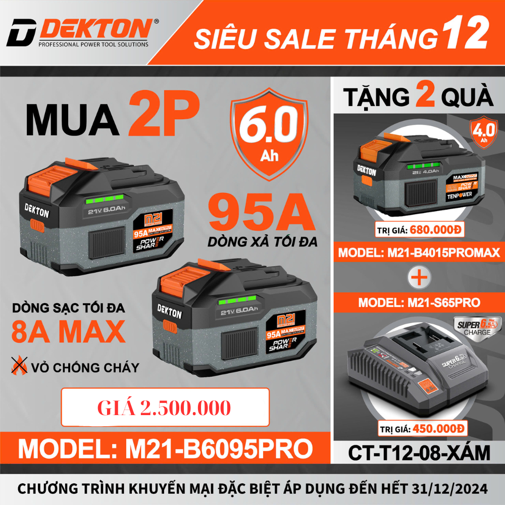 PIN DEKTON 6A DÒNG XẢ TỐI ĐA 95A-M21-6095PROXanh/Xám/Chân pin phổ thông ...