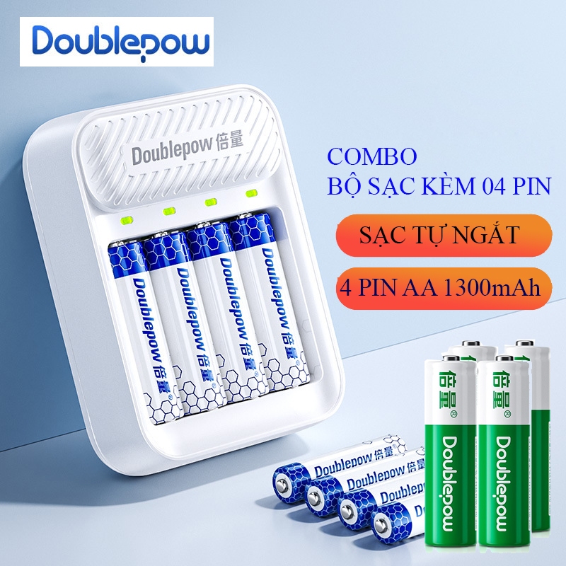 Combo sạc kèm pin thông minh tự ngắt, Sạc C04 và 04 pin AA 1300mAh (xanh) chính hãng Doublepow ...