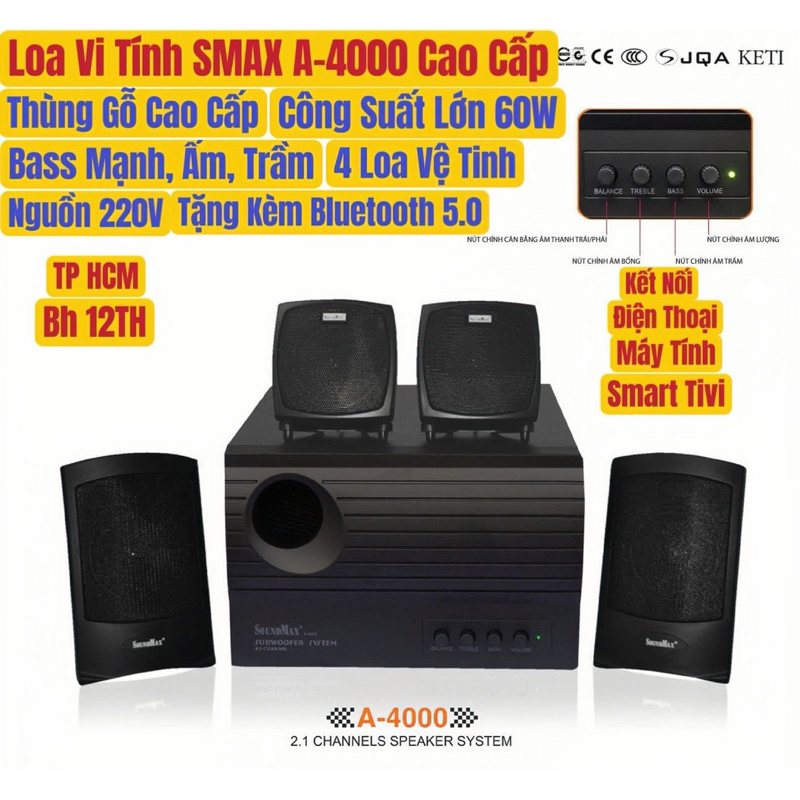 Loa Vi Tính SOUNDMAX Cao Cấp 4.1 A4000 60W tặng kèm Bluetooth 5.0 - Kết ...