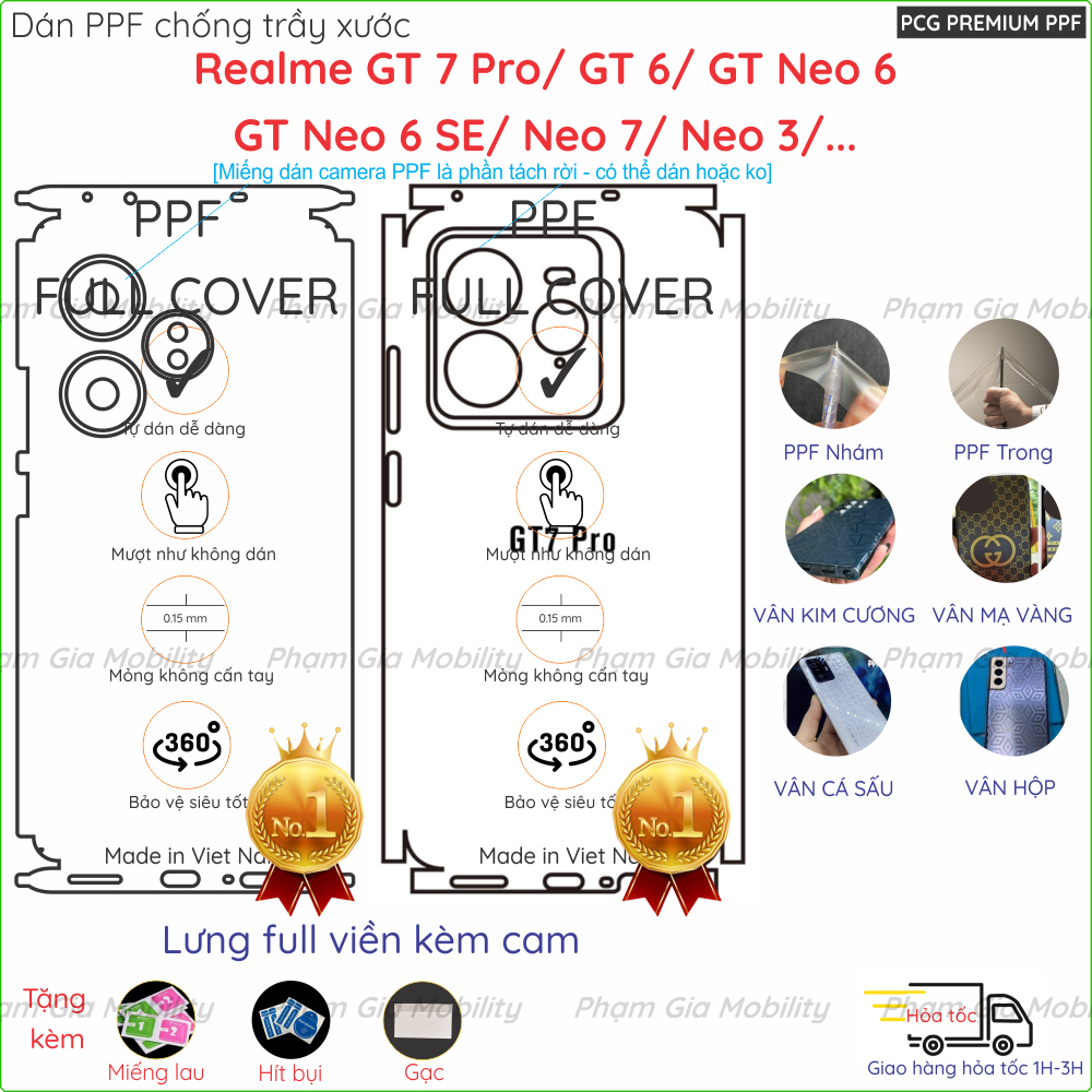 Dán PPF mặt lưng full viền Realme GT 7 Pro/ GT6/ GT Neo 6/ GT Neo 6 SE ...