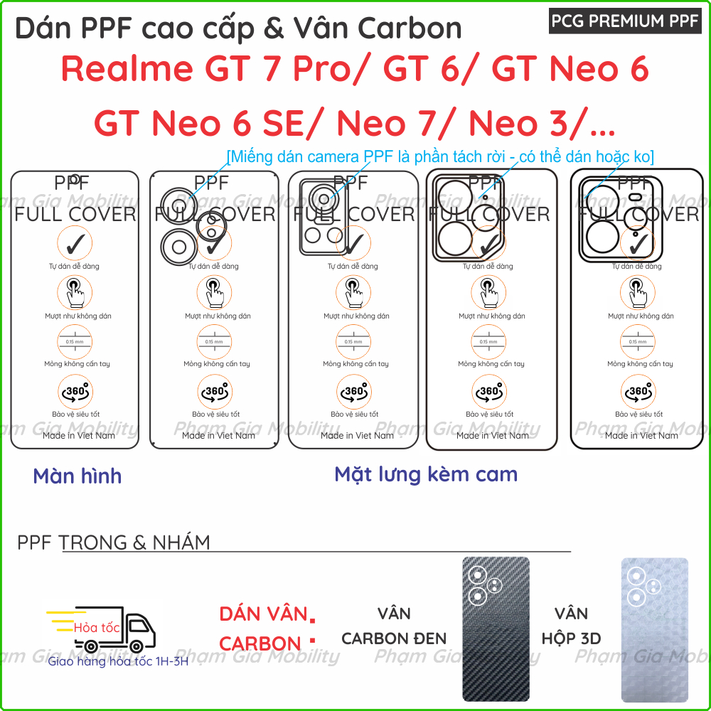 Dán PPF & Vân Carbon Realme GT 7 Pro/ GT6/ GT Neo 6/ GT Neo 6 SE/ Neo 7/ Neo 3 cho màn hình, mặt ...