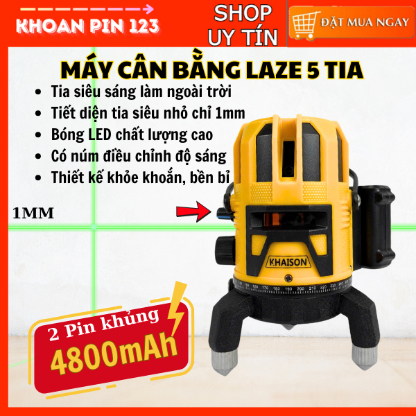 Máy cân bằng laser 5 tia xanh Khaison có núm xoay (kèm chân màu ngẫu ...