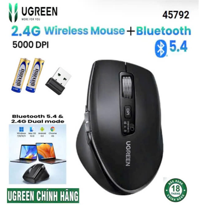 Chuột không dây Ugreen 45792 M751, Bluetooth 5.4 & Wirelless 2.4GHz ...