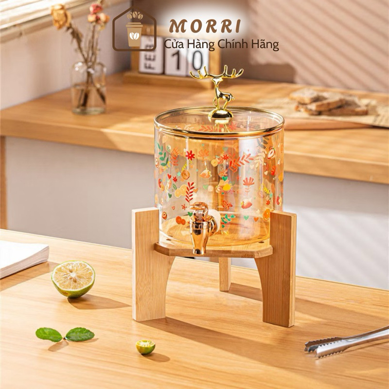 Bình Đựng Nước Thủy Tinh Cao Cấp Chịu Nhiệt,In Sticker Dễ Thương Có Vòi Và Nắp Đậy Kèm Kệ Gỗ ...