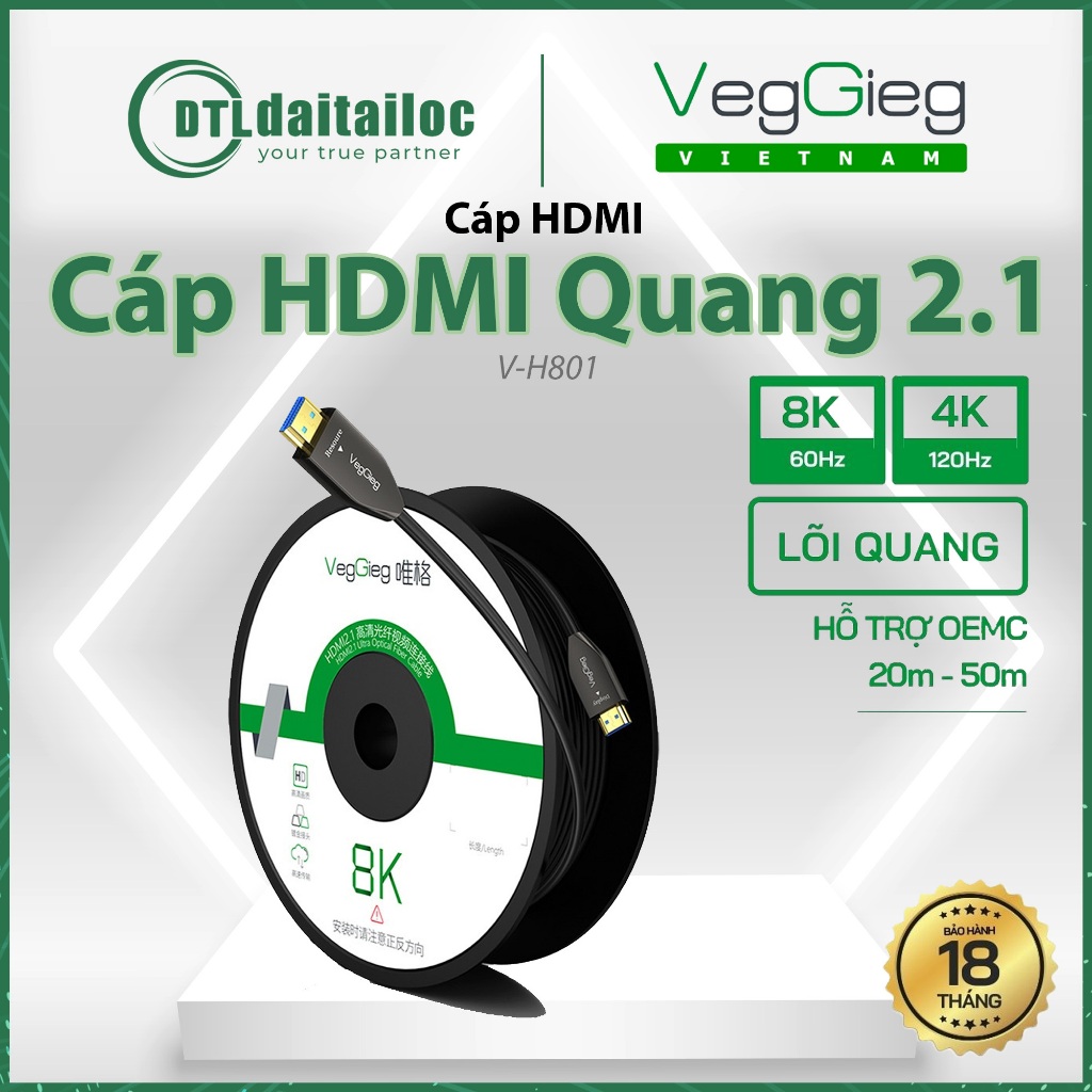 Cáp HDMI quang 2.0 4K60Hz 2.1 8K60Hz VegGieg 10m 20m 30m 40m 50m HDMI sợi quang V-H710 V-H801 BH ...