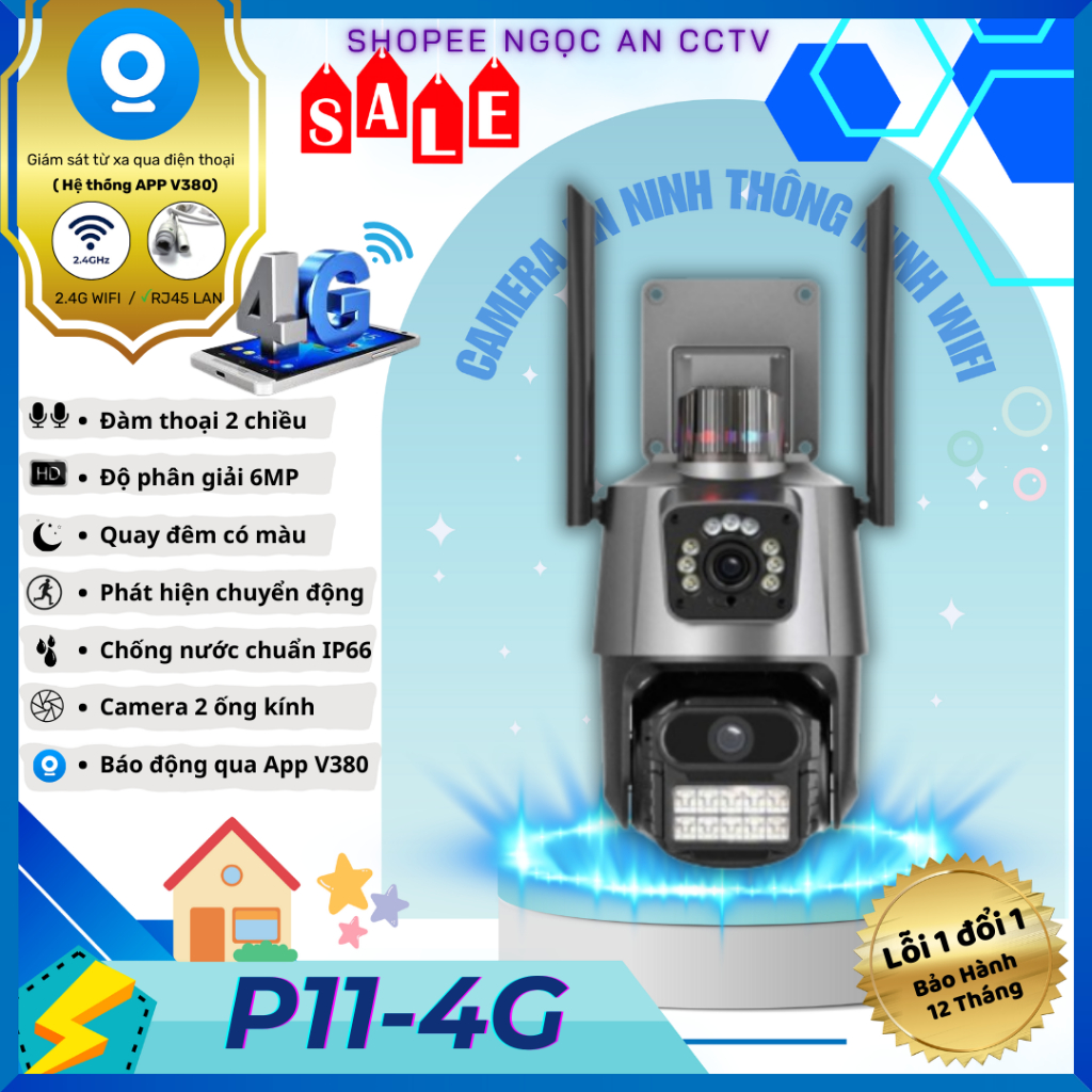 Cameras giám sát V380 P11-4G Báo động phát hiện chuyển động có âm thanh- Ánh sáng ban đêm- WIFI ...