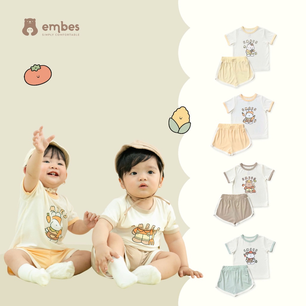 Bộ Quần Áo Cộc Tay Cho Bé Embes, Bộ Thun Cotton In Hình Phối Quần Vạt ...