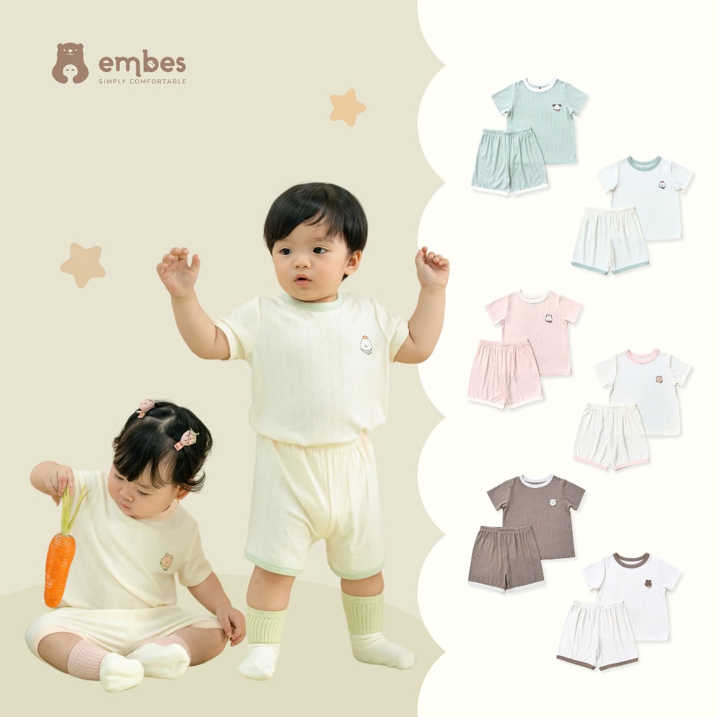 Bộ Cộc Tay Cho Bé Embes, Bộ Đồ Hè Chất Cotton Thông Hơi, Ngực In Họa ...