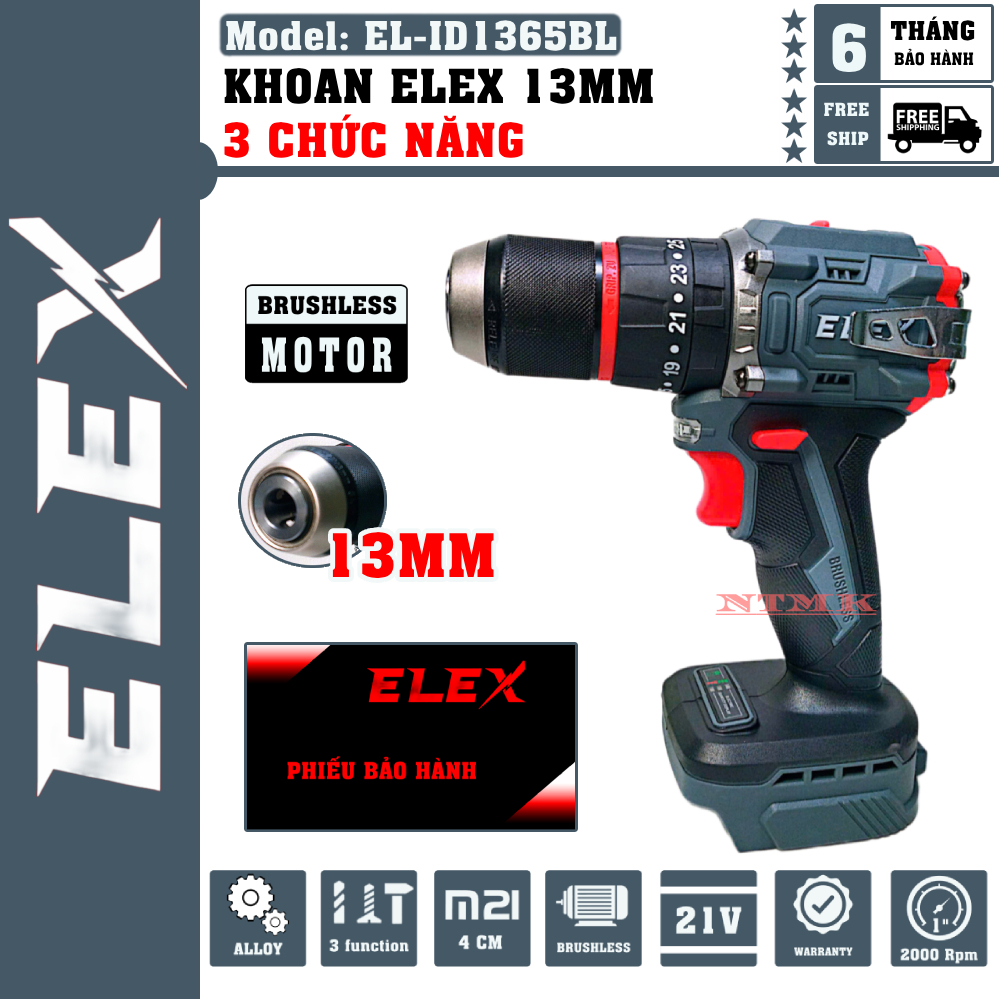 Máy khoan ELEX 1365BL, động cơ không chổi than, đầu autolock 13mm, chân ...