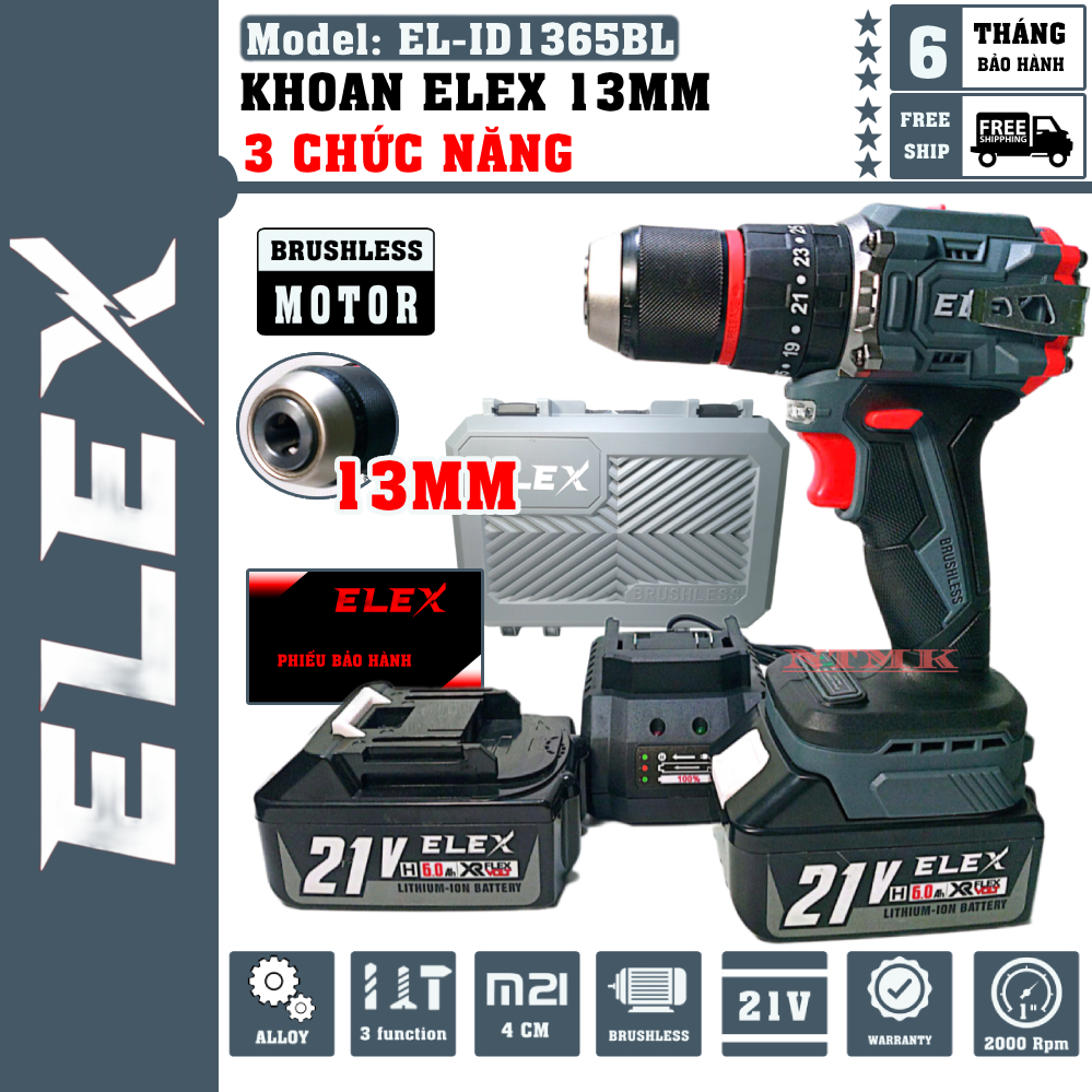 Bộ Máy khoan ELEX 1365BL, động cơ không chổi than, đầu autolock 13mm ...