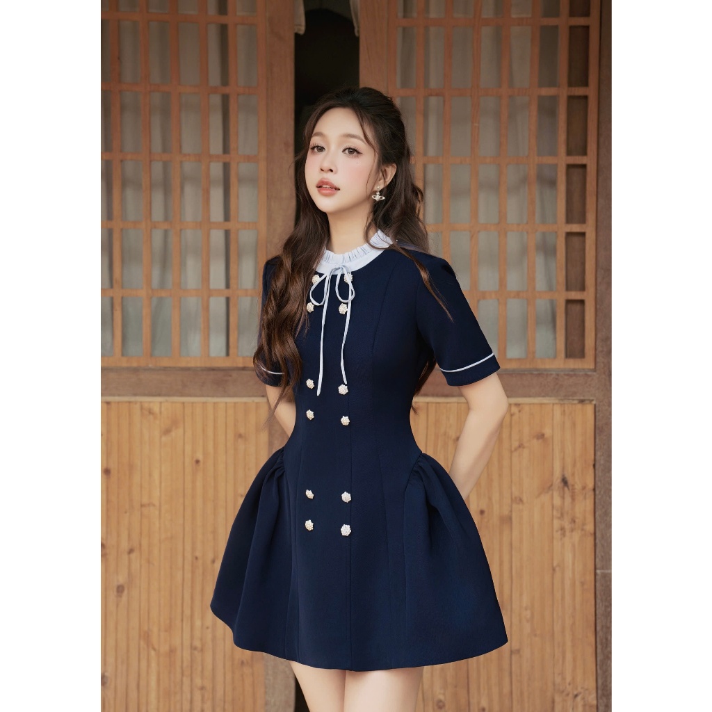 Ara - Váy đầm xòe phối cổ bèo nơ cúc dọc Lark Dress V97 | Shopee Việt Nam