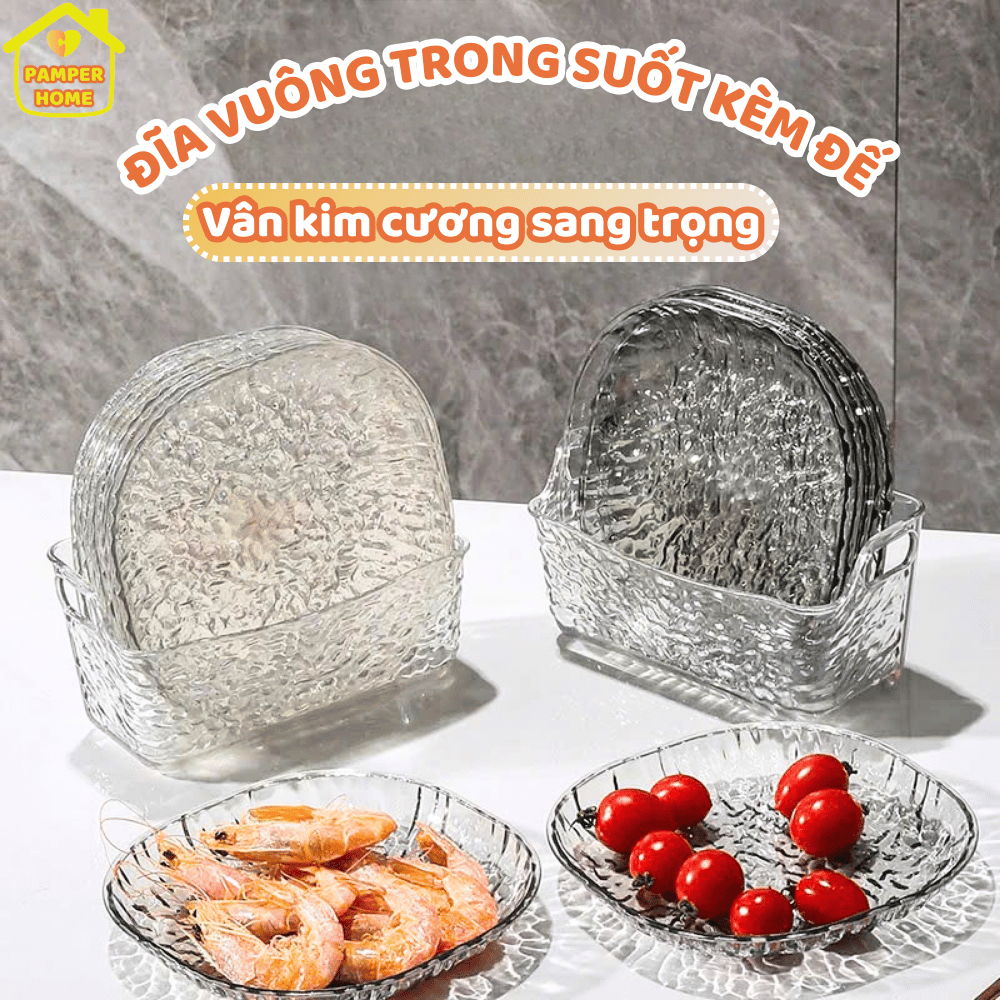 Combo 4 đĩa vuông trong suốt PAMPER vân kim cương kèm đế đựng chất liệu ...