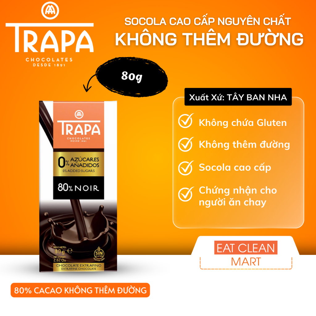 SOCOLA CAO CẤP 80% CACAO HIỆU TRAPA KHÔNG THÊM ĐƯỜNG, KHÔNG GLUTEN - 0% ...