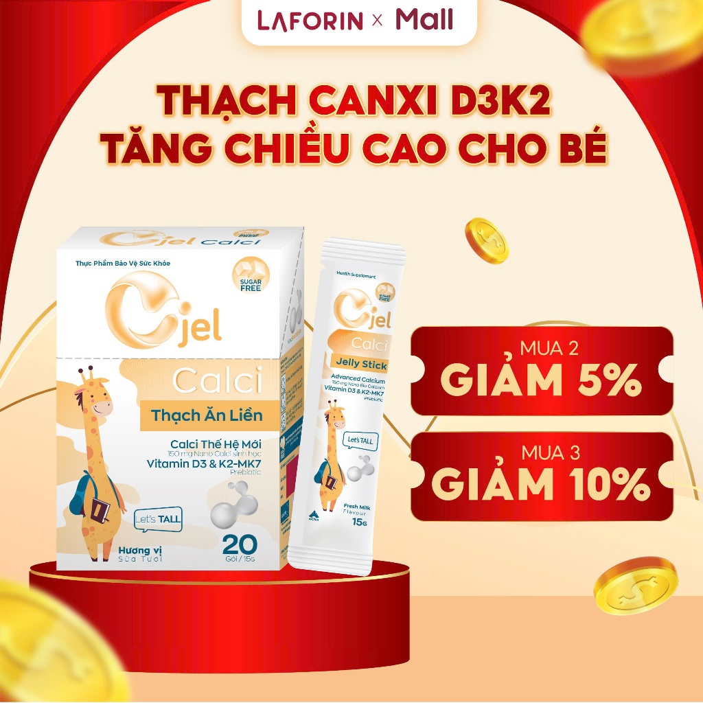 Thạch canxi ăn liền Cjel Calci D3K2 chắc khỏe xương, hỗ trợ phát triển chiều cao cho bé - Hộp 20 ...