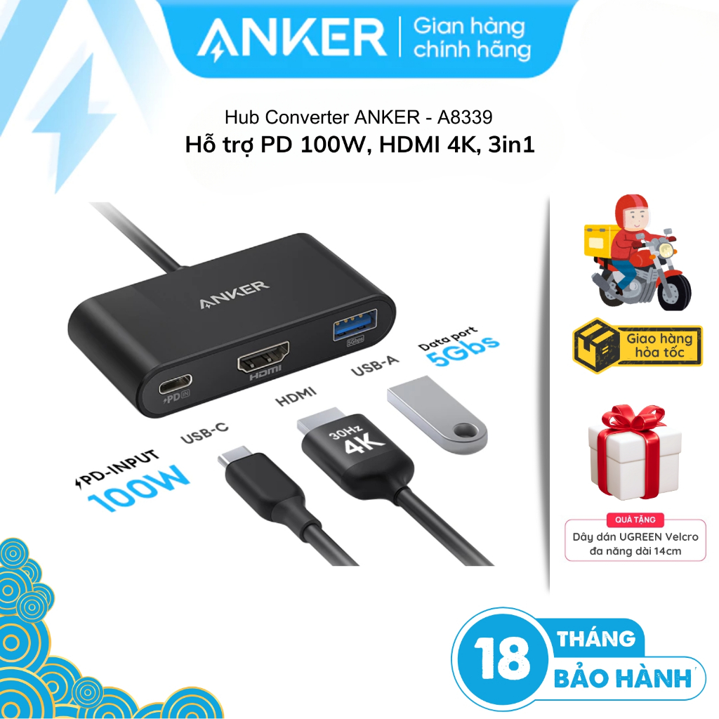 Hub chuyển đổi ANKER USB-C 3-in-1 Hỗ trợ PD 100W, HDMI 4K@30Hz, truyền dữ liệu - A8339 chính ...