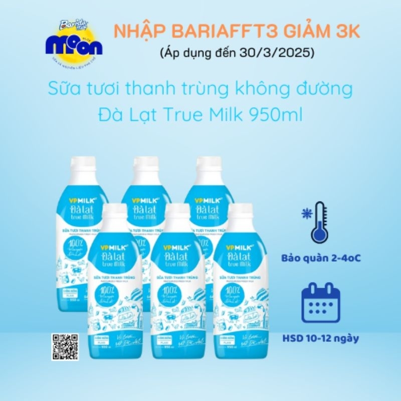 Combo 6 chai Sữa Tươi Thanh Trùng Đà Lạt True Milk không đường 950ml | Shopee Việt Nam