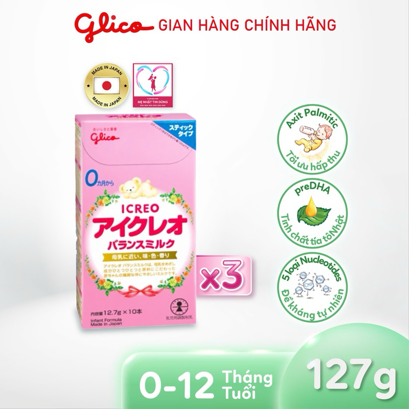 Combo 3 Hộp Bột Sữa Glico Icreo Balance Milk (Icreo Số 0) - Hộp 10 Thanh Tiện Dụng (12,7g x10 ...