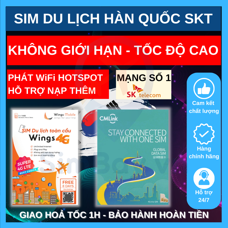 SIM Hàn Quốc sim du lịch sử dụng từ 3 4 5 6 7 8 10...ngày không giới hạn - mạng SKT 4G 5G ...