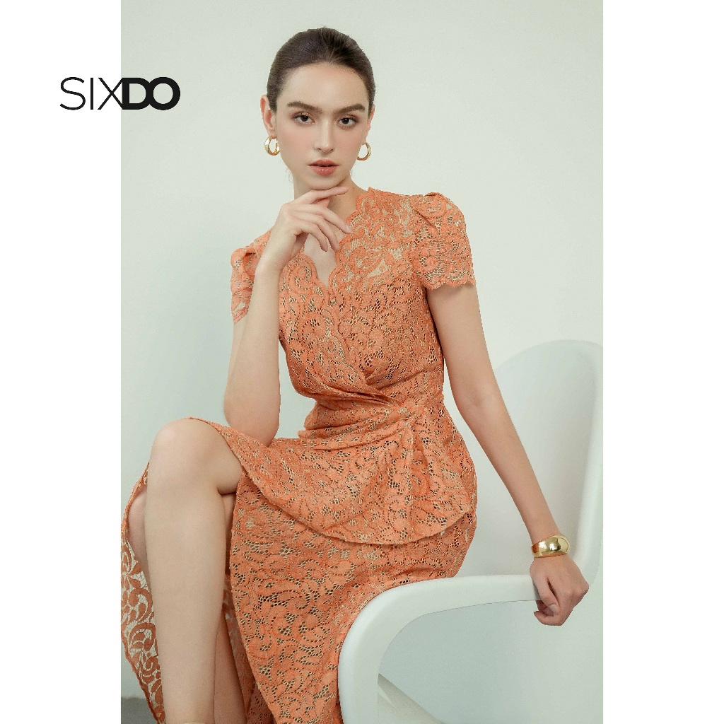 Đầm ren midi ngắn tay màu thổ hoàng SIXDO (Ochre Lace Sarong Dress ...