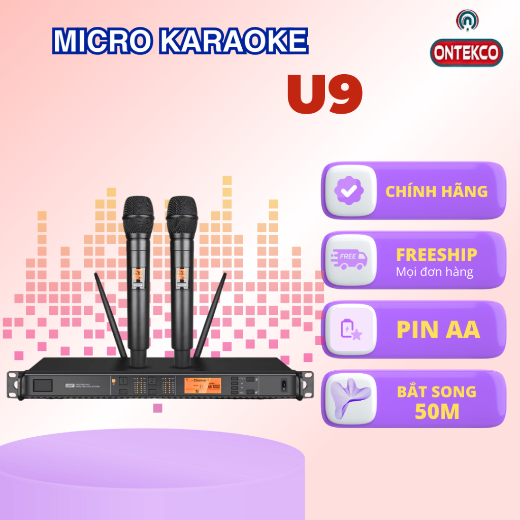 Micro karaoke không dây ONTEKCO U10/U9 đầu thu sóng UHF, chất liệu kim ...