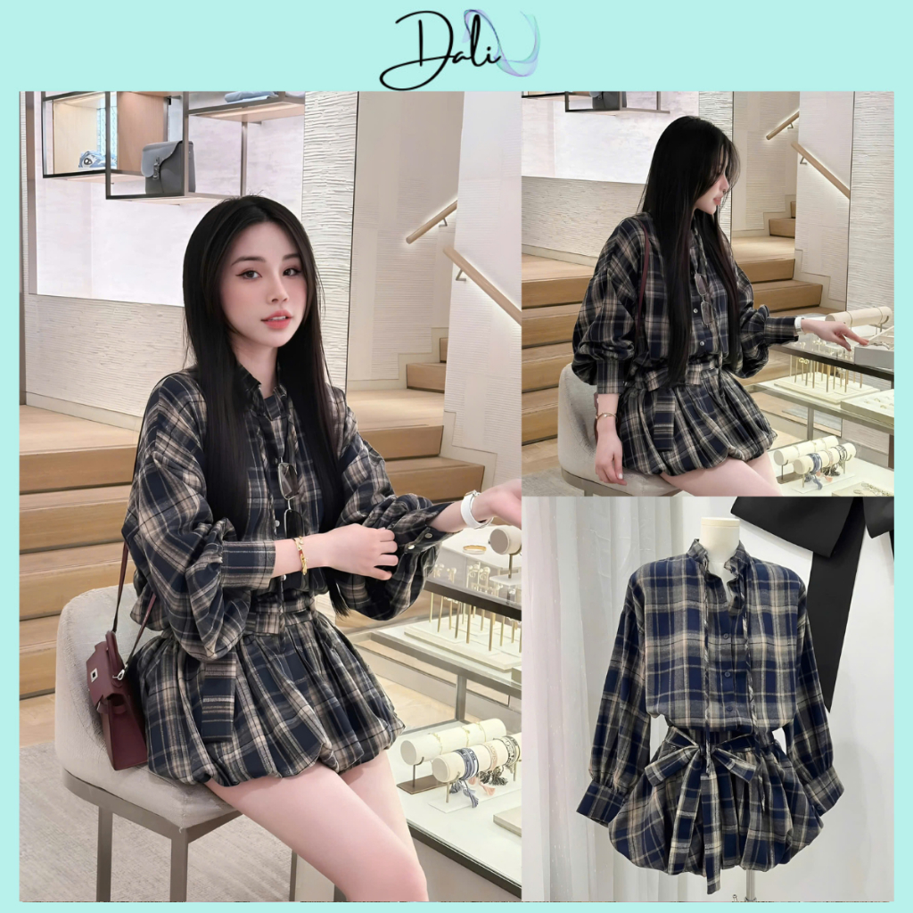 Set Váy Kẻ Caro 2 Món Gồm Áo Sơ Mi Cổ Tàu Tay Bồng + Chân Váy Bí Kèm Đai Có Quần Trong - dali ...