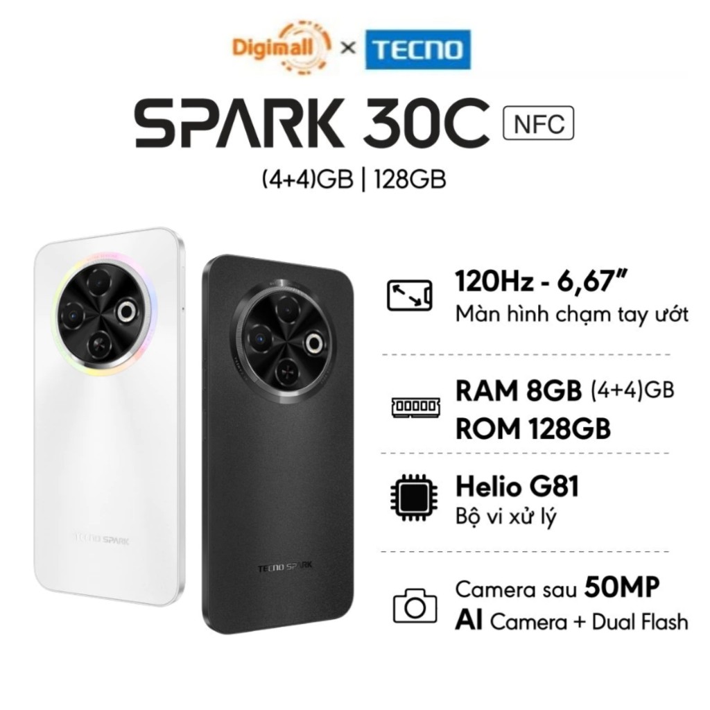 Điện thoại Tecno Spark 30C (4+4)GB/128GB - Helio G81 | 5000 mAh | Sạc ...